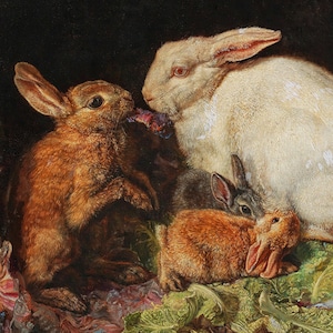 Hares and Young Framed Oil Painting Print on Canvas, Vintage Rabbit ...