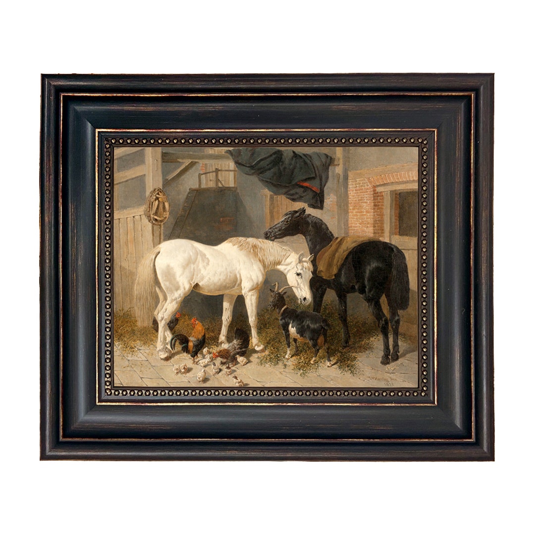 Farm Animals in Barn Framed Canvas Print, Vintage Farm Art, Horses ...