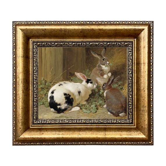 Three Rabbits Oil Painting Print Reproduction on Canvas in Distressed ...