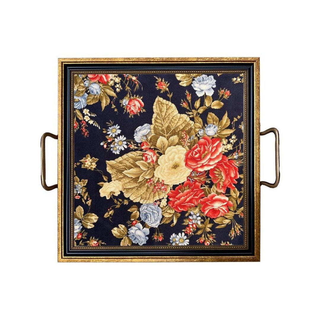 Grand Haven Cabbage Rose (navy) Fabric Decorative Tray With Brass ...