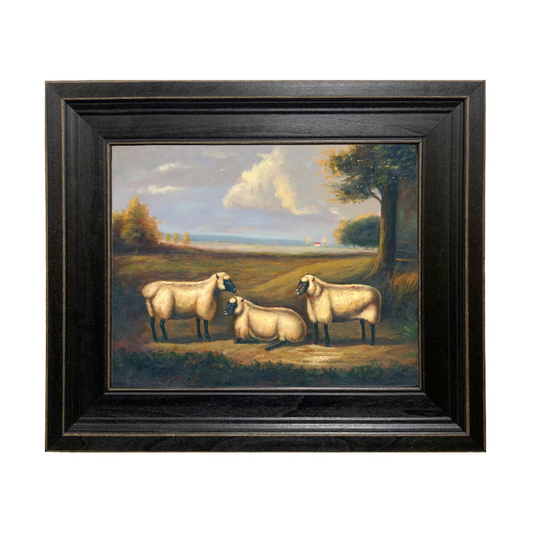 Three Sheep Primitive Framed Oil Painting Print on Canvas, Primitive ...