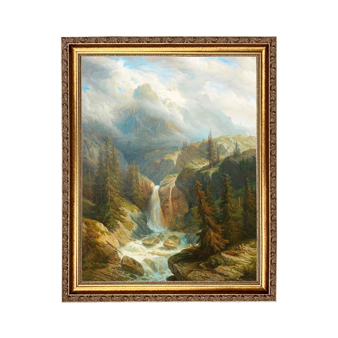 Framed Waterfall Canvas Print, Mountain Landscape Art, Gold Frame - Etsy