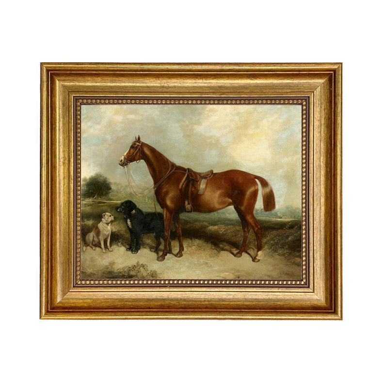 Chestnut Horse With Two Dogs Framed Canvas Print, Equestrian Wall Art ...
