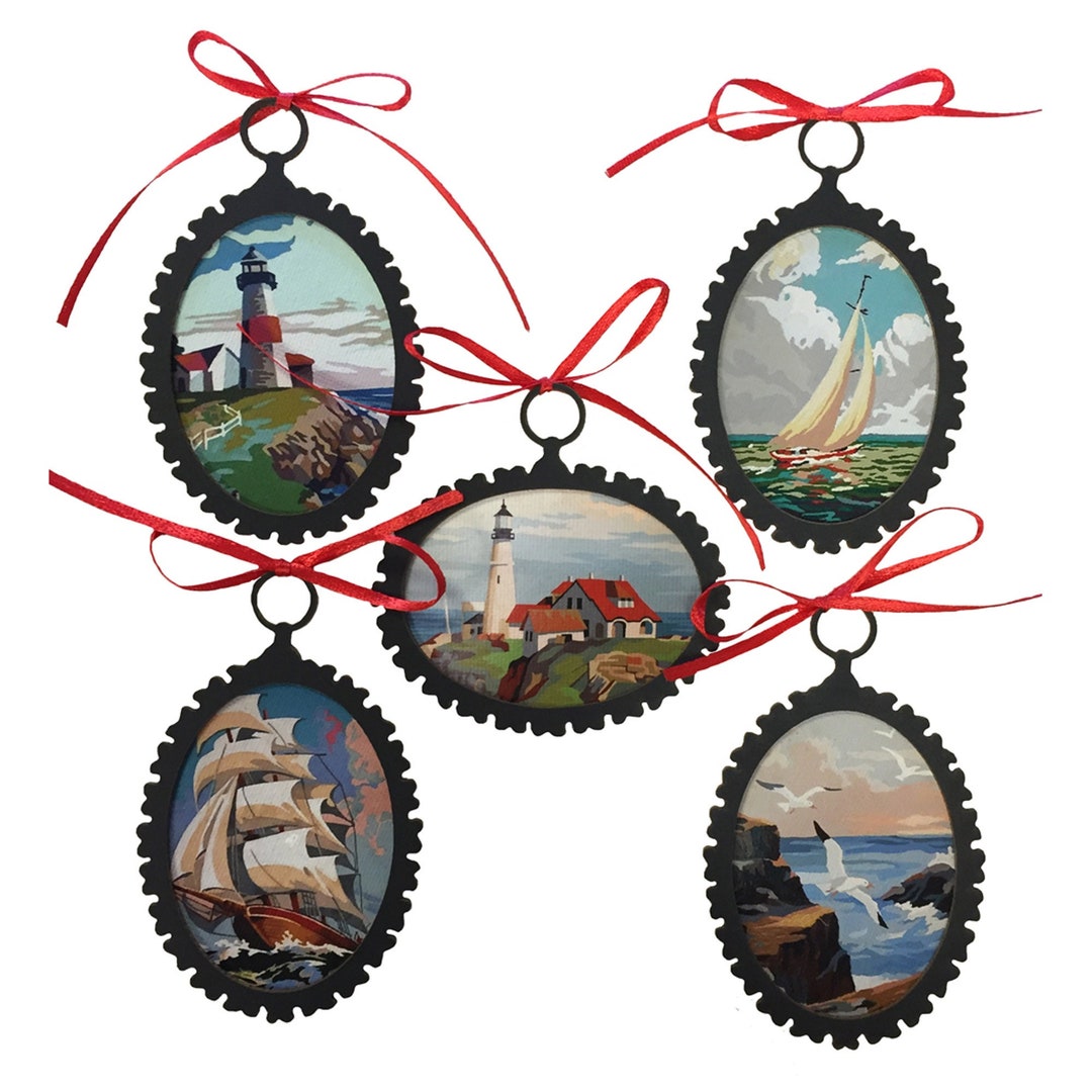 Set of 5 Nautical Paint by Number Style Ornaments With Red Ribbon - Etsy