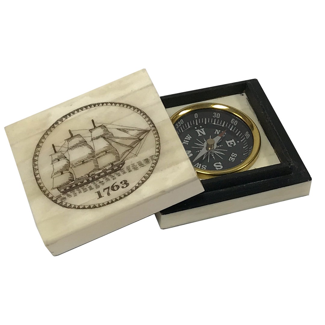 1763 Sailing Ship Engraved Scrimshaw Compass Box With Inlaid Brass ...