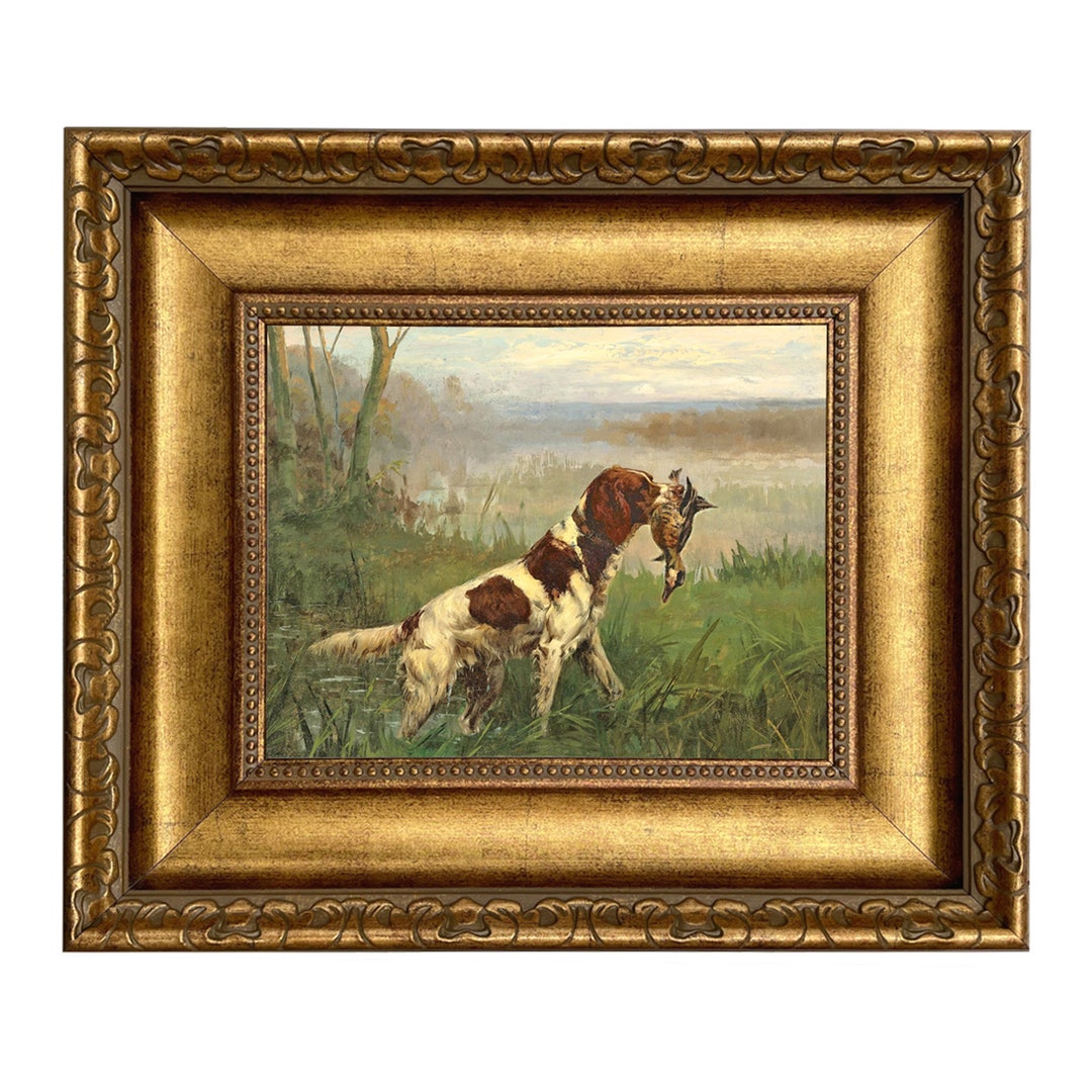 Setter and a Ruddy Duck Framed Oil Painting Print on Canvas, Hunting ...