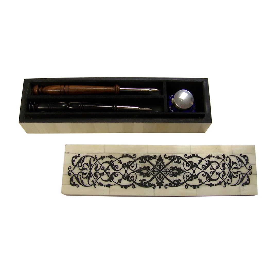 10" Engraved Bone Pen Box With Cobalt Inkwell, Wood Nib Pen, Black Horn ...