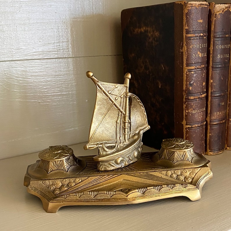 Antiqued Brass Ship Dual Inkwell Stand With Brass Cup Inserts, Antique ...