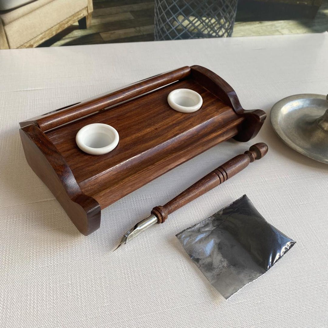Wood Inkwell Stand: Colonial Style Desk Decor With Nib Pen & Ink Powder ...