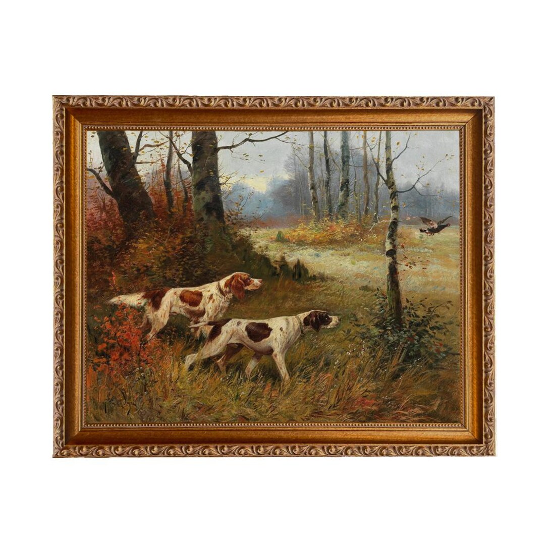 Two Pointing Dogs Framed Oil Painting Print on Canvas, Vintage Hunting ...