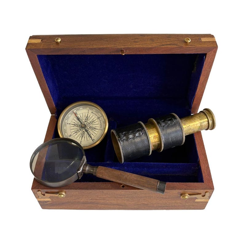 Old World Style Maritime Navigation Set, Rosewood Box, Antiqued Brass ...