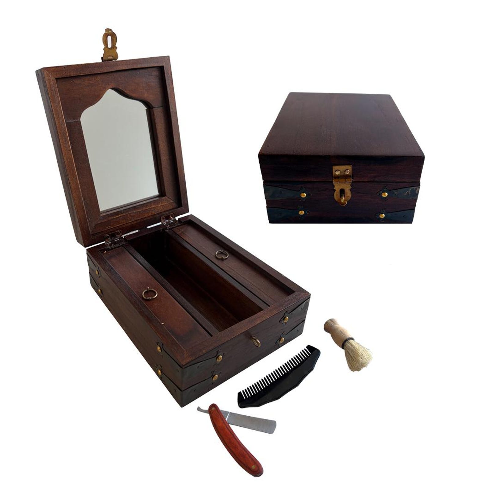 Colonial Wood Traveling Shaving Box With Accessories, Antique Style ...