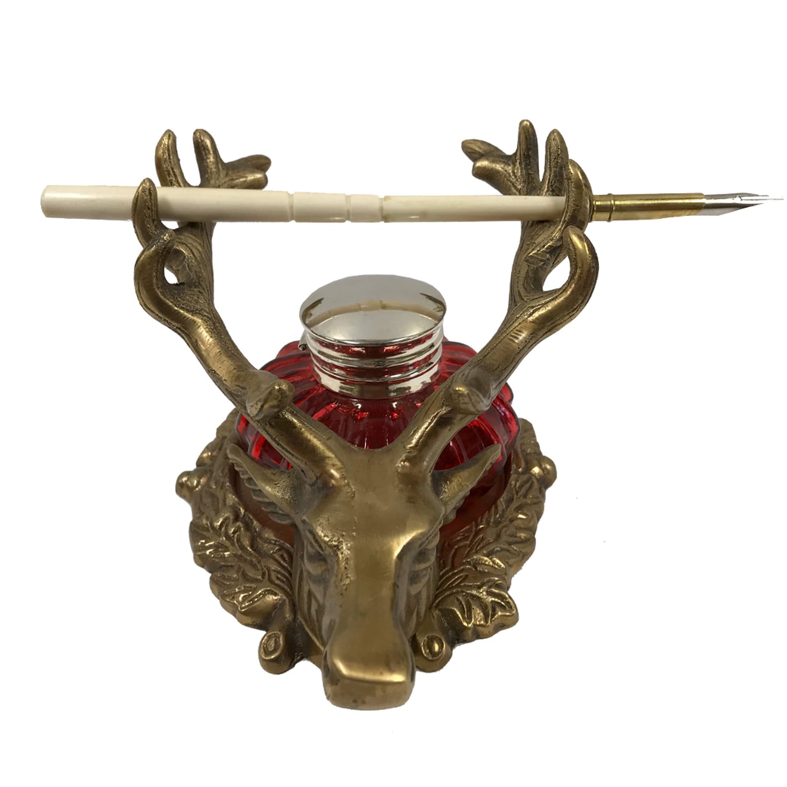 Antiqued Brass Stag Inkwell Pen Holder Set, Red Swirl Glass Inkwell - Etsy