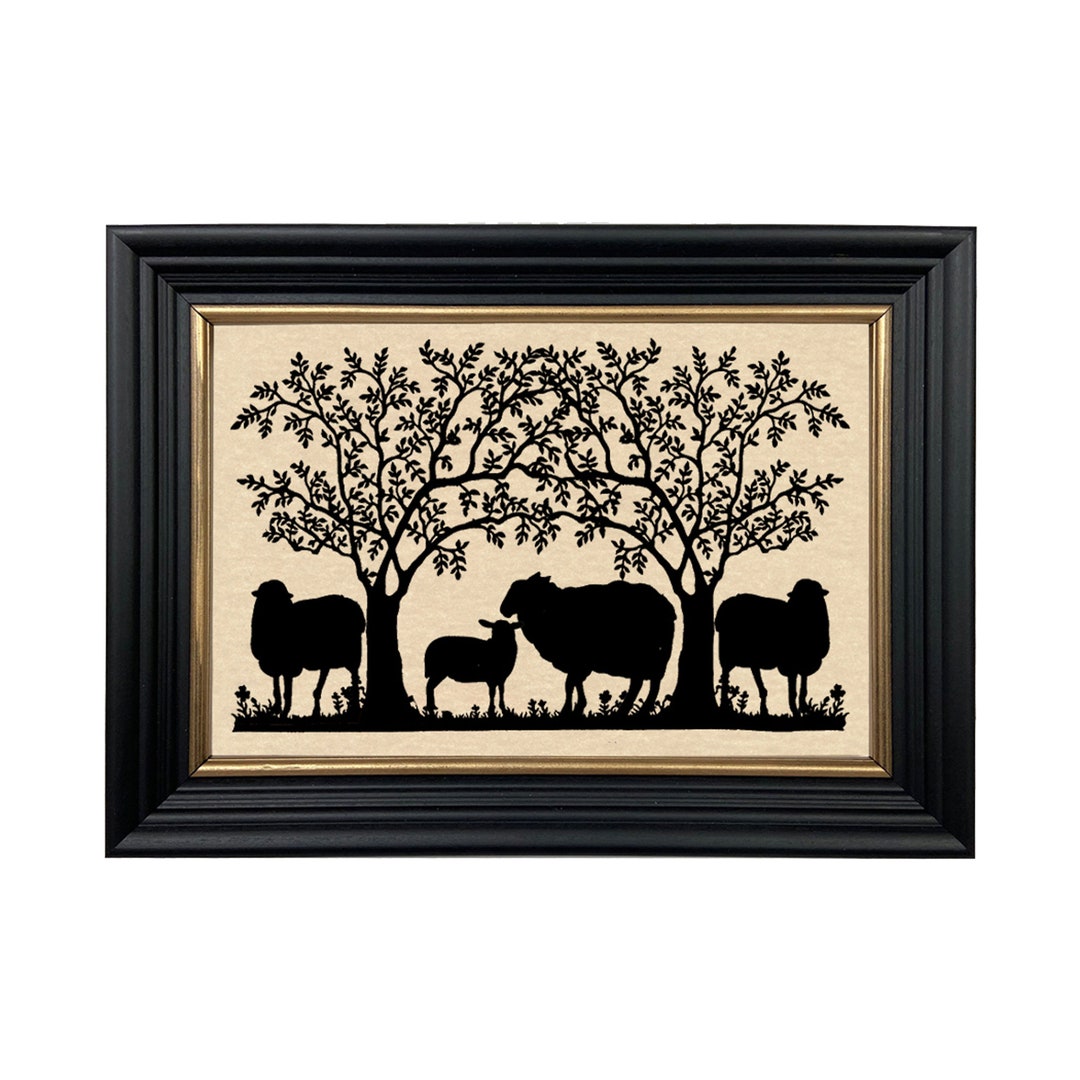 Sheep Under Trees Framed Paper Cut Silhouette, Primitive Wall Art, Prim ...