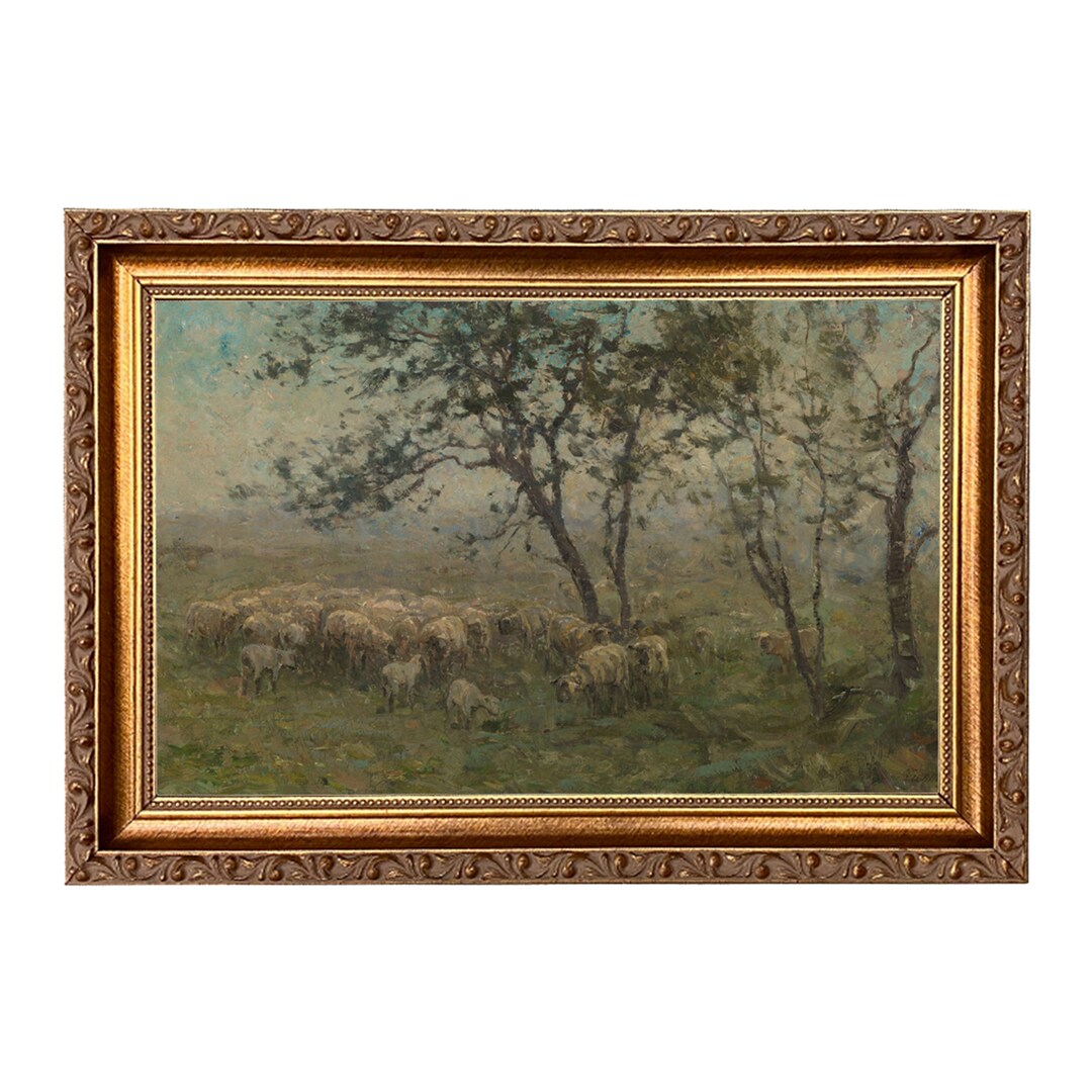 Flock of Sheep Framed Oil Painting Print on Canvas in Thin Gold Wood ...