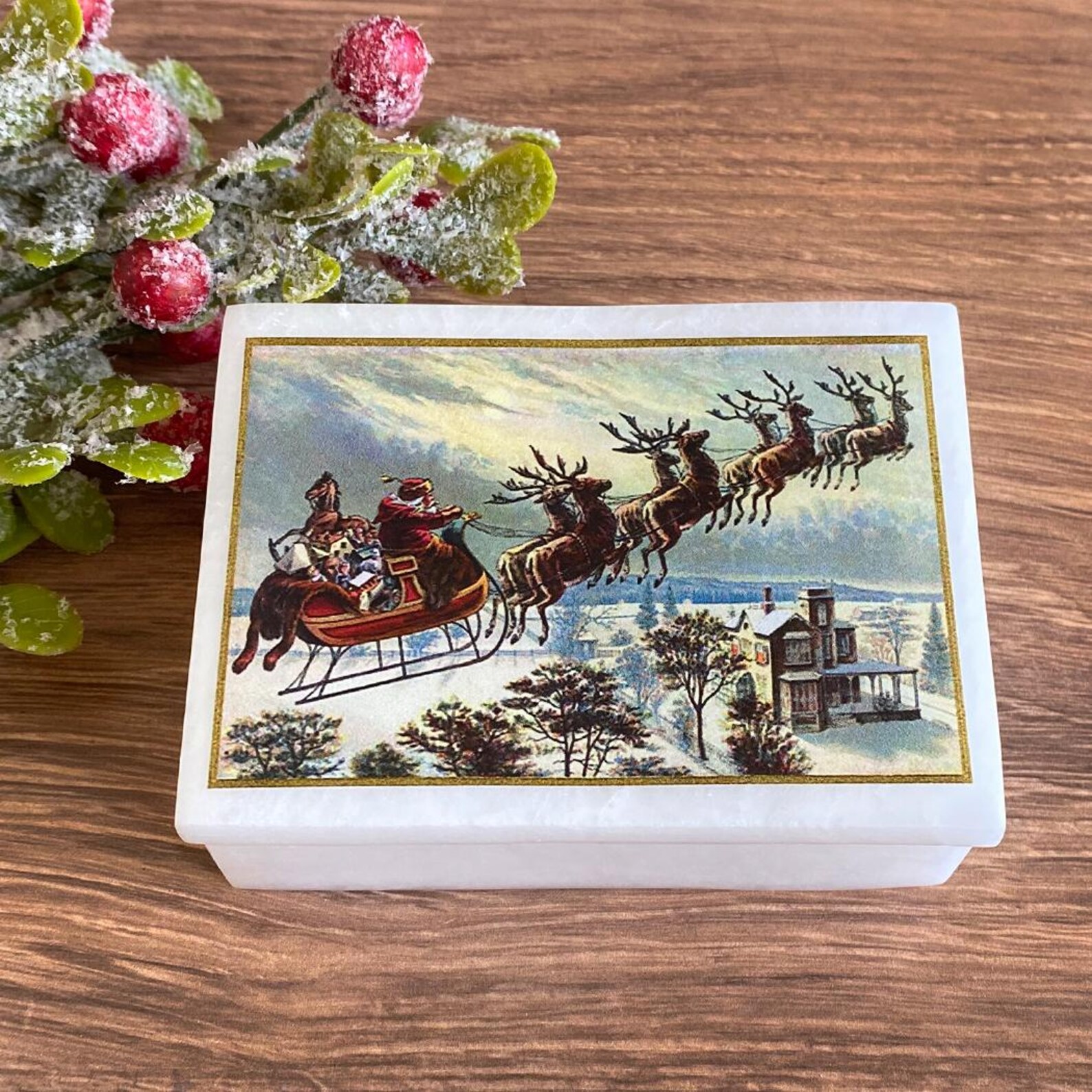 4 Santa Claus and Reindeer White Soap Stone Jewelry Box, Trinket Box ...