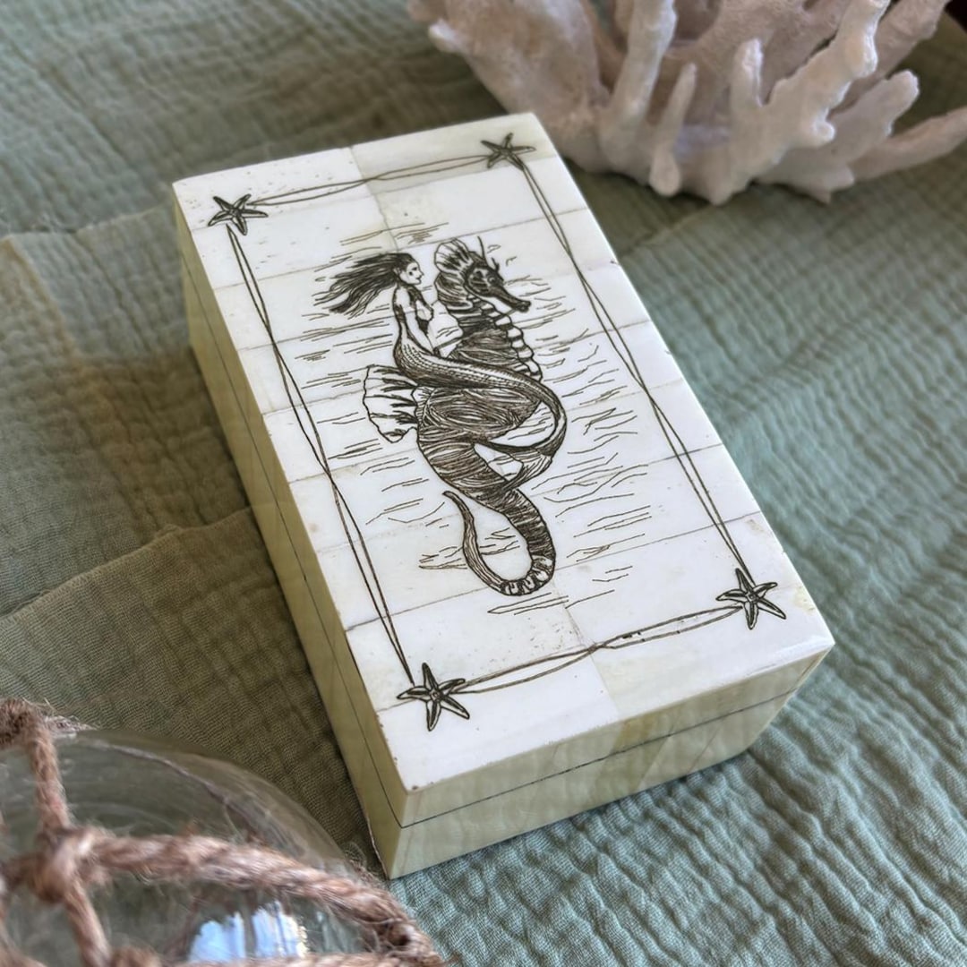 5-1/4" Seahorse and Mermaid Engraved Scrimshaw Bone Box, Mermaid Gift ...