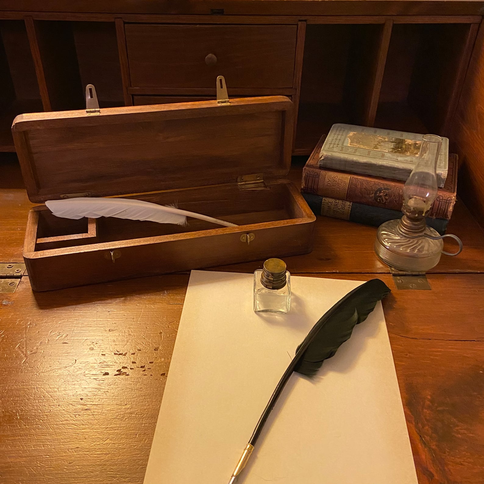 Colonial Distressed Wood Quill Pen Set, Glass Inkwell, Black Ink - Etsy