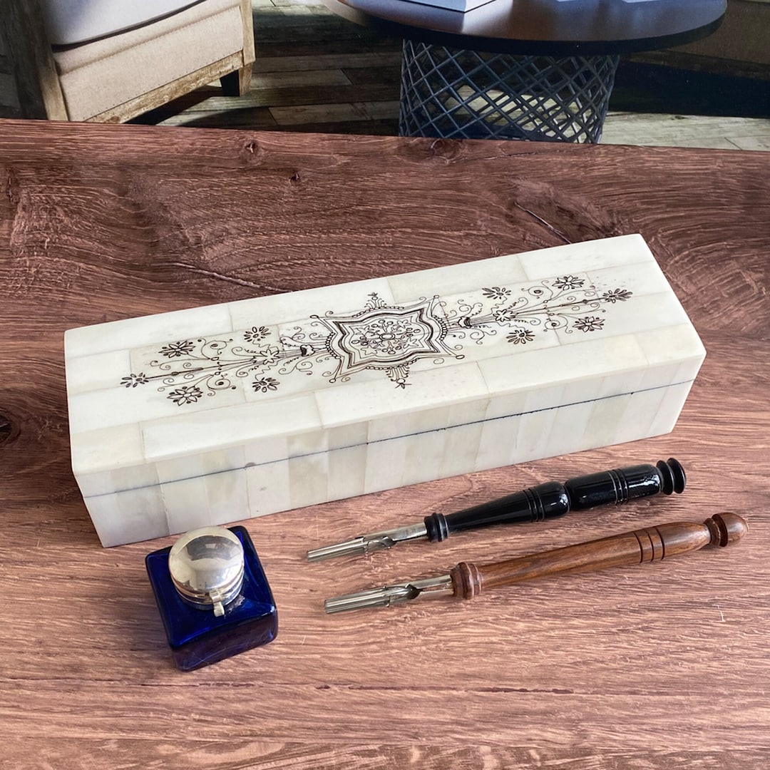 Engraved Bone Pen Box Writing Set, Vintage Style Calligraphy With ...