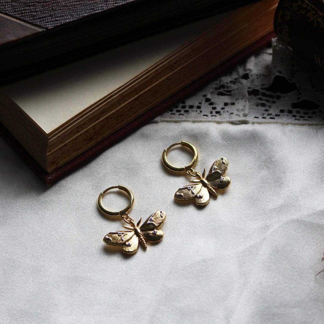 Moths and Butterflies Gold Drop Earrings, Whimsigoth Bookish Jewellery ...