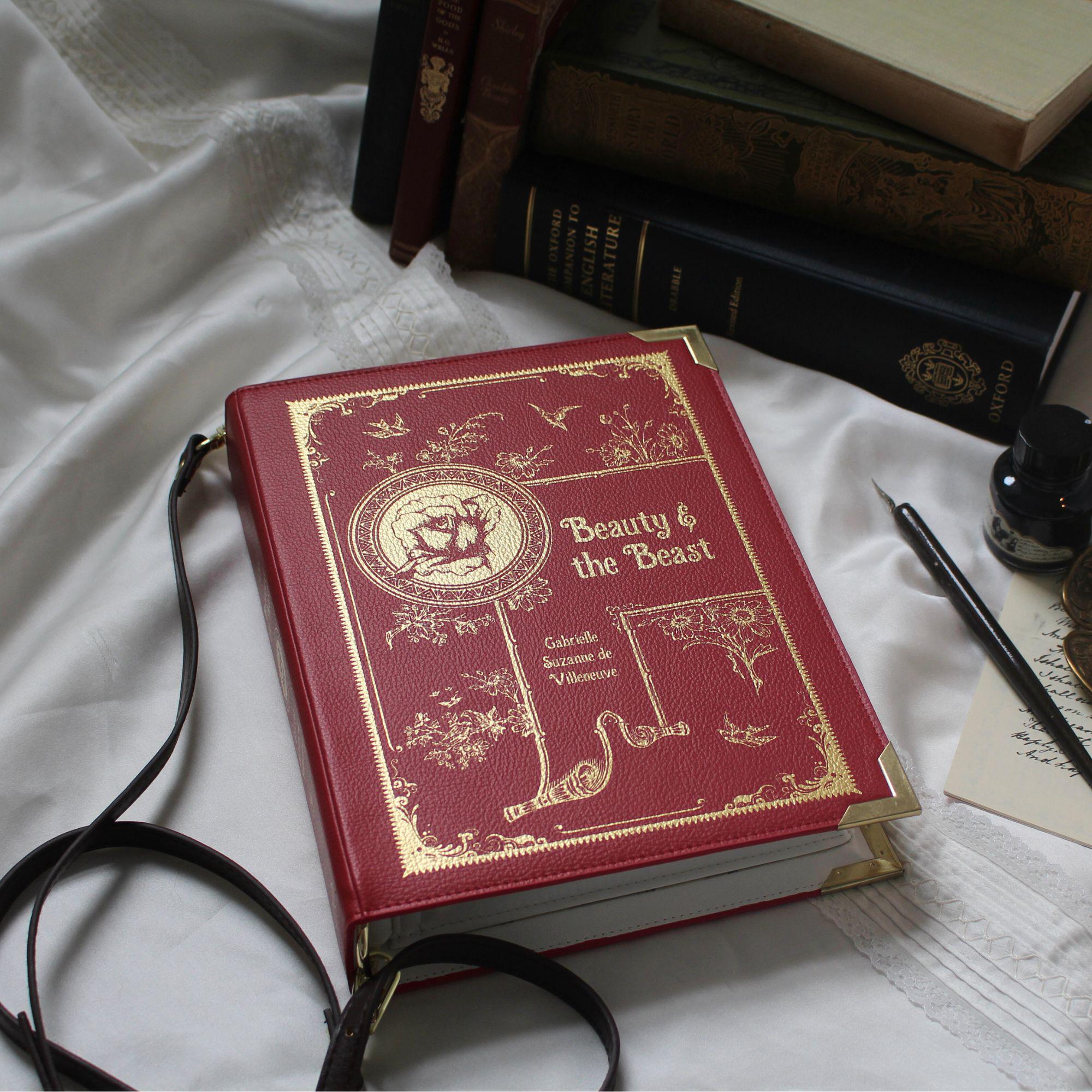 Luxury Gold Foiled Beauty and the Beast Book Handbag, Red Vegan Leather ...