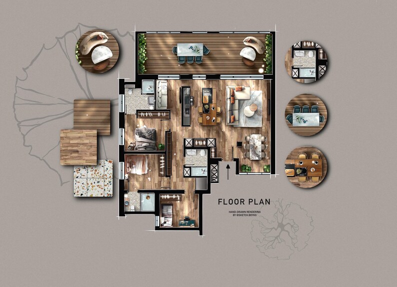 Floor Plan Hand-drawn Rendering /original Hand-drawn Rendering Floor ...