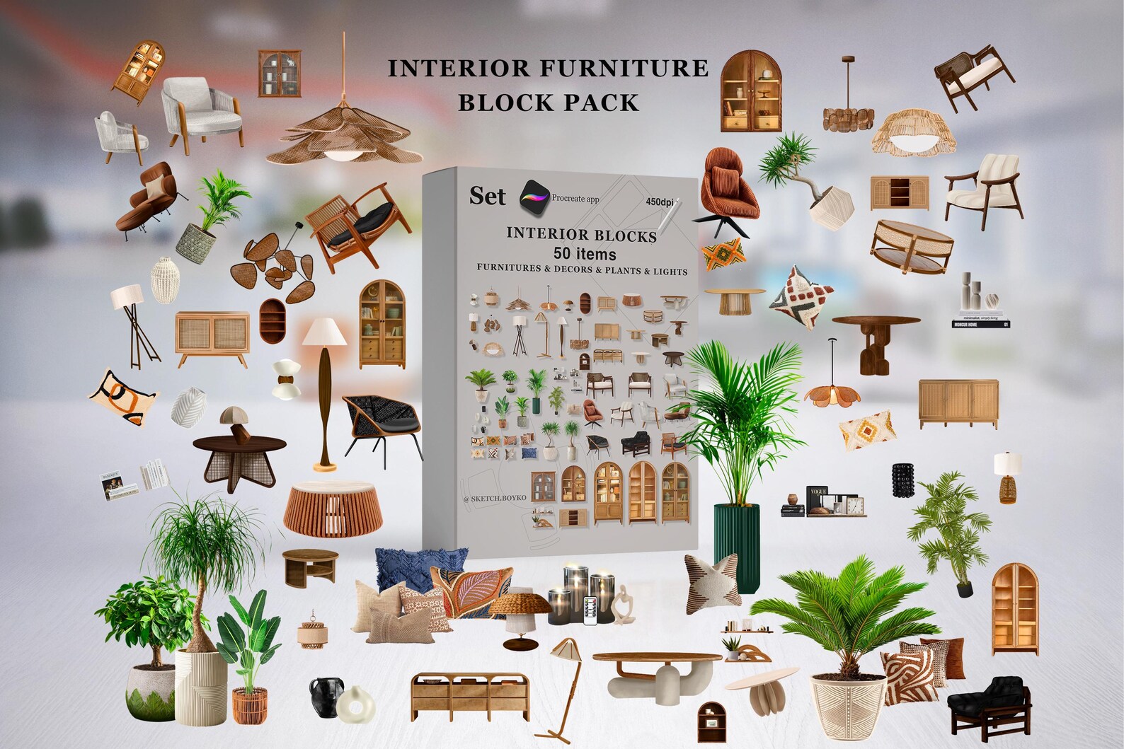 50 Items Procreate Interior Furniture Blocks Pack - Creative Design ...