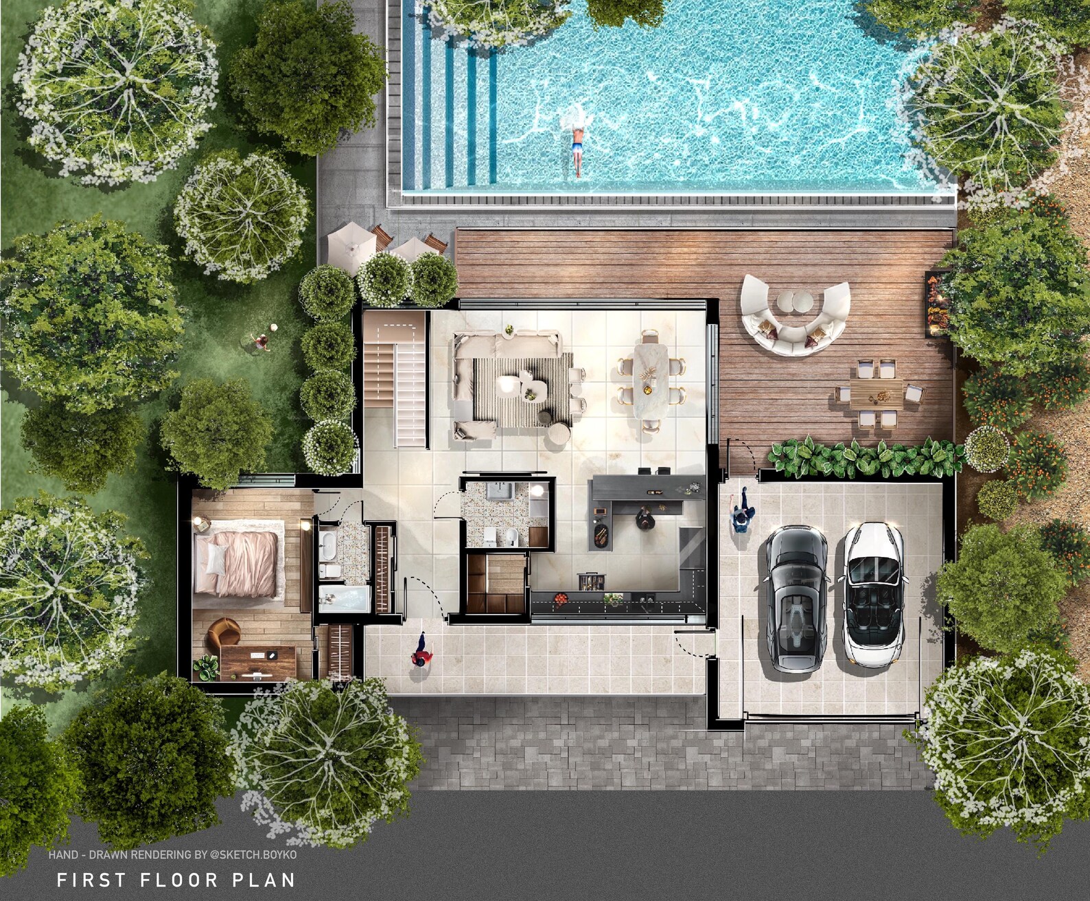 Floor Plan Hand-drawn Rendering /original Hand-drawn Rendering Floor ...