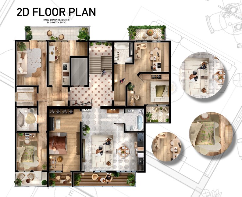 Floor Plan Hand-drawn Rendering /original Hand-drawn Rendering Floor ...
