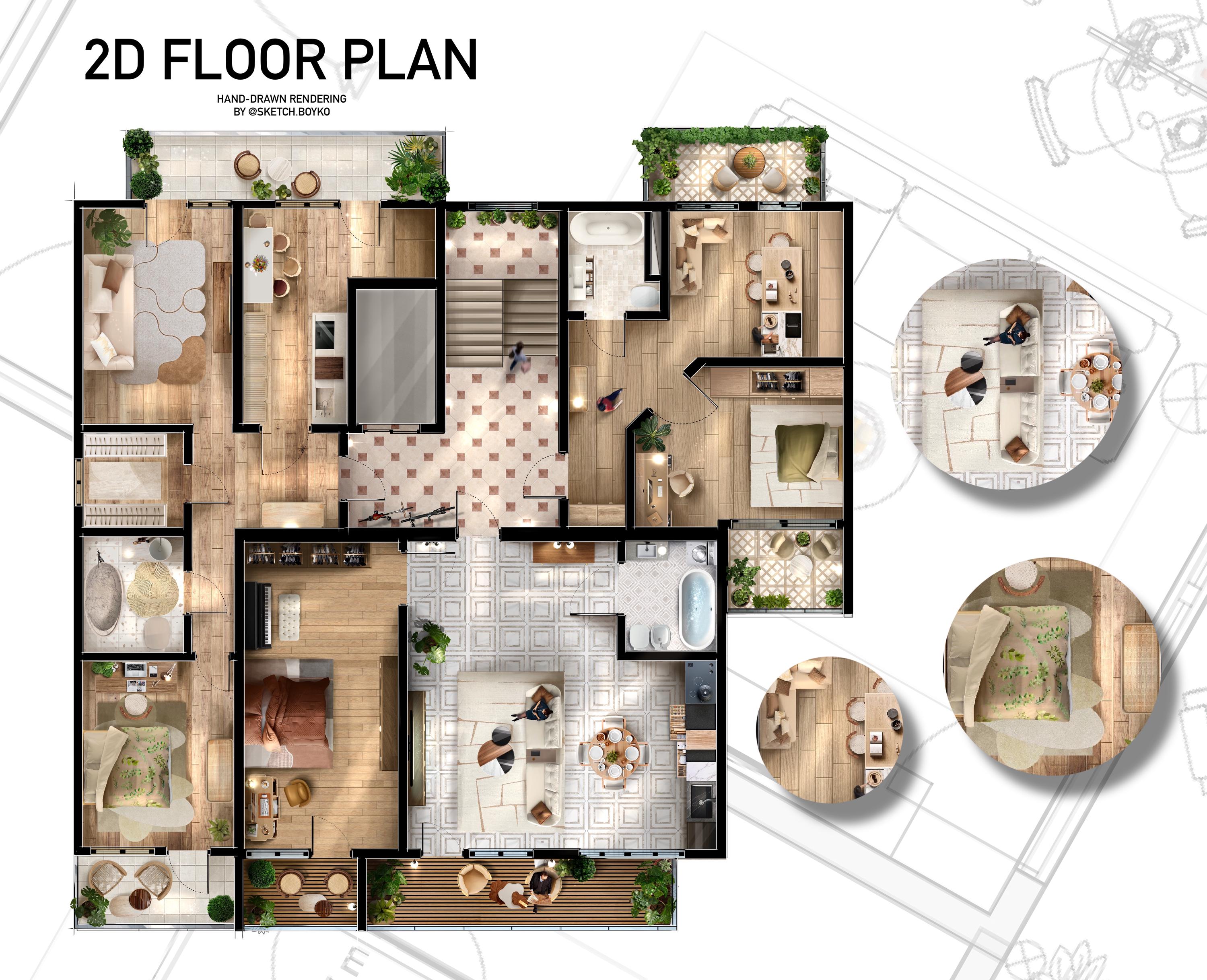 Floor Plan Hand-drawn Rendering /original Hand-drawn Rendering Floor ...