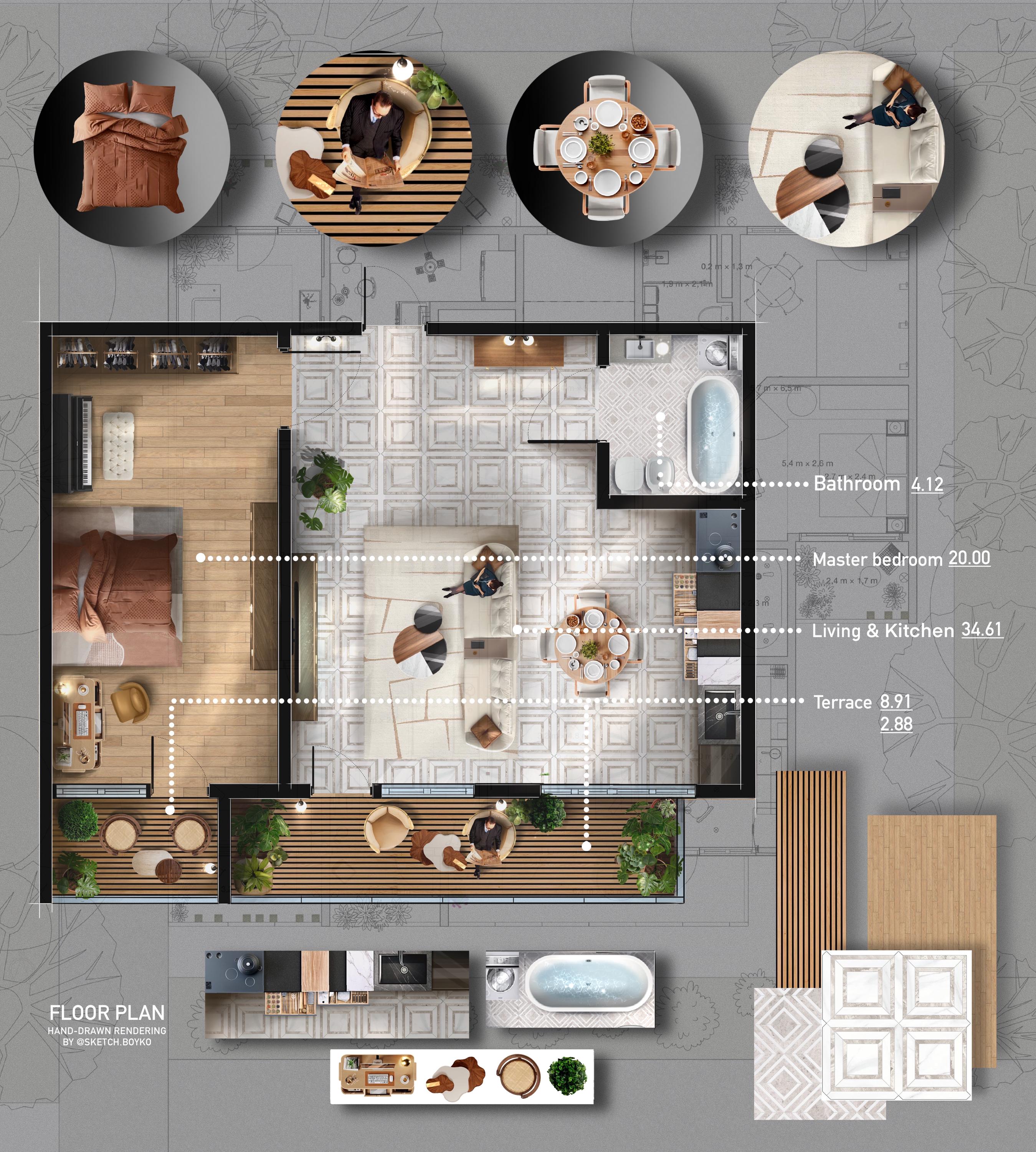Floor Plan Hand-drawn Rendering /original Hand-drawn Rendering Floor ...
