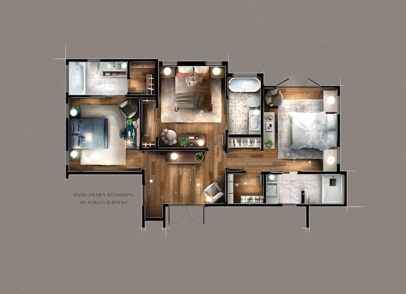 Floor Plan Hand-drawn Rendering /original Hand-drawn Rendering Floor ...