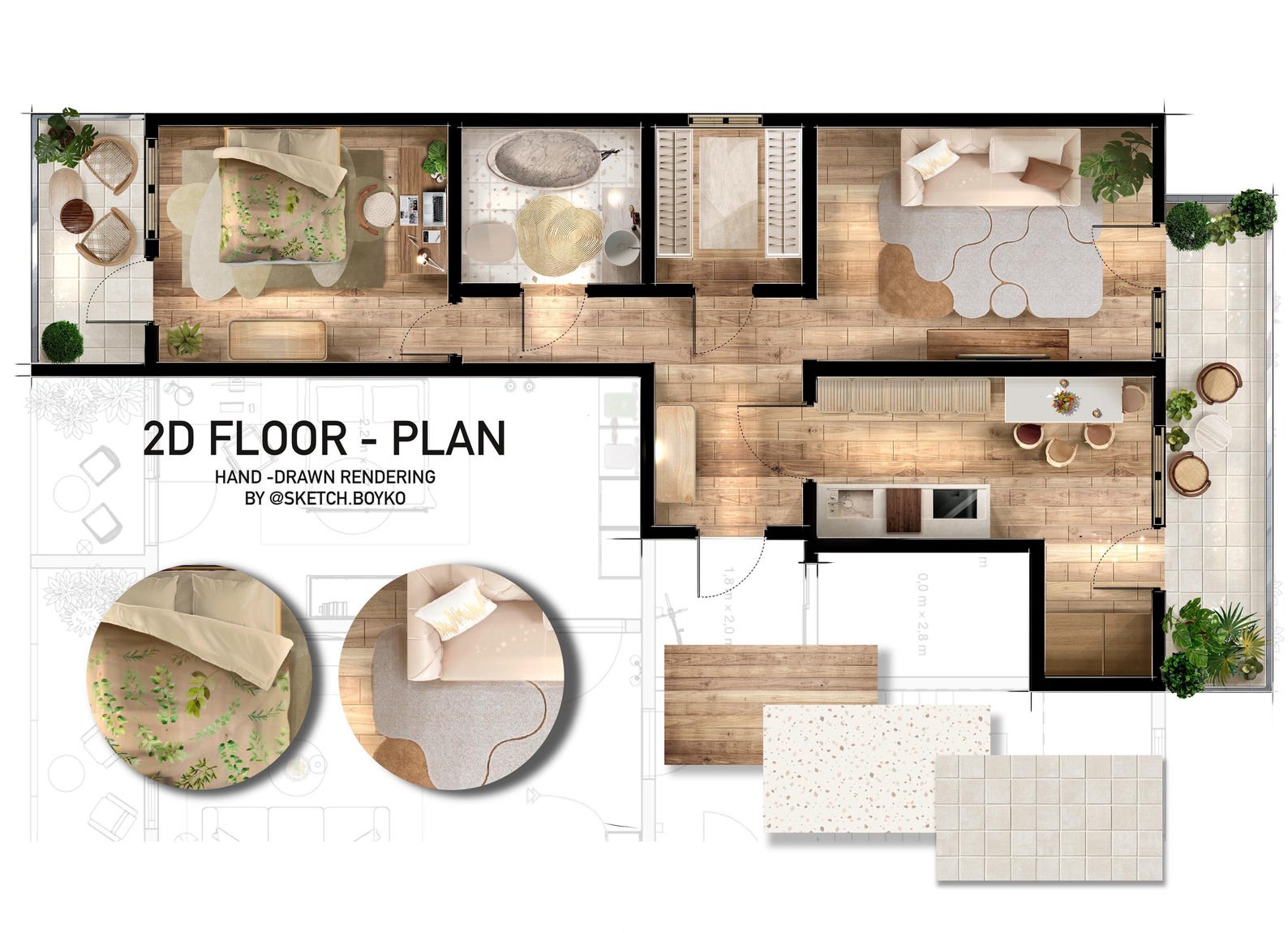 Floor Plan Hand-drawn Rendering /original Hand-drawn Rendering Floor ...