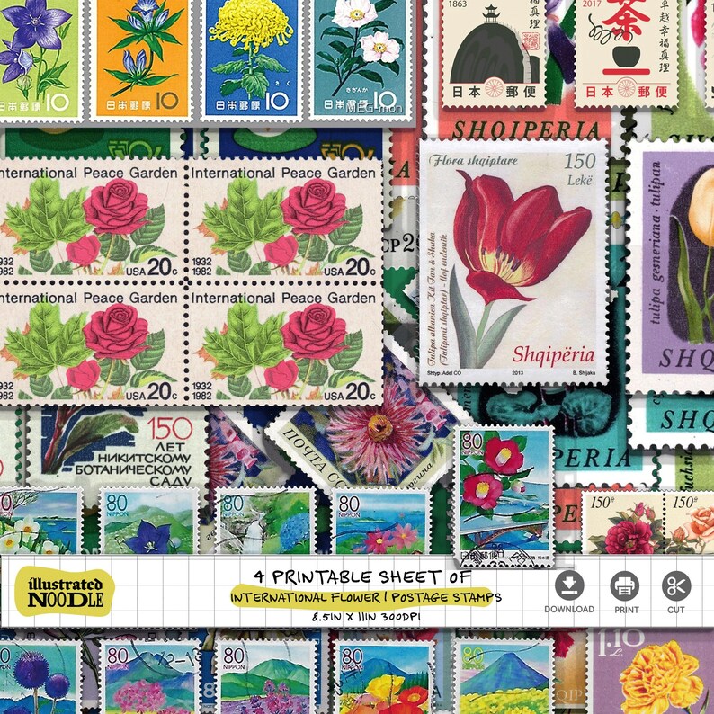 International Flower Postage Stamps | Printable Ephemera | 4 Sheets - Etsy