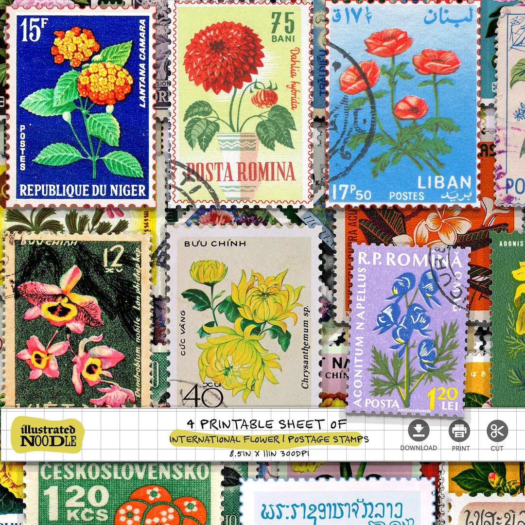 International Flower Postage Stamps | Printable Ephemera | 4 Sheets - Etsy