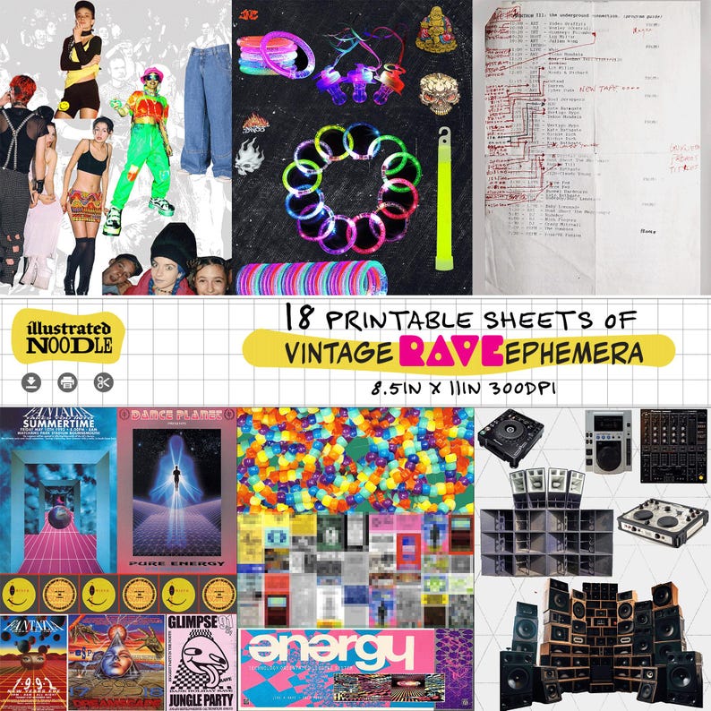18-printable Sheets of 90s Club Kid Rave Ephemera for Scrapbooks, Junk ...