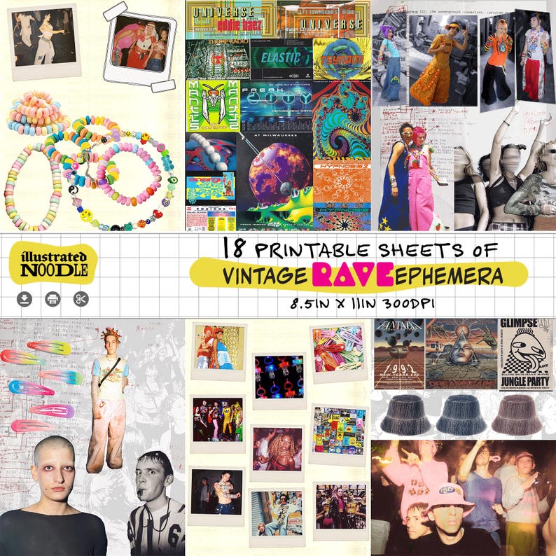 18-printable Sheets of 90s Club Kid Rave Ephemera for Scrapbooks, Junk ...