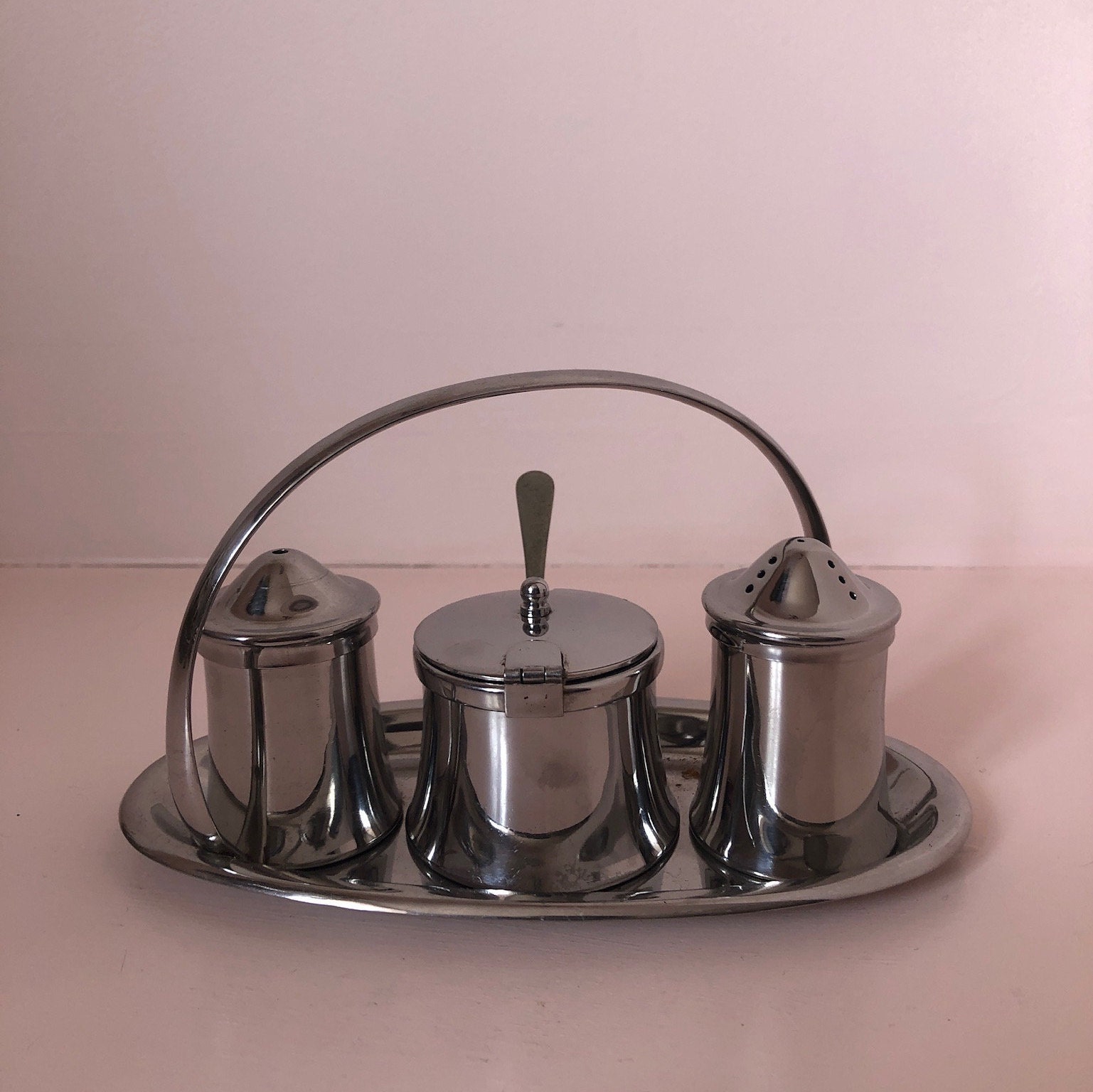 Old Hall Stainless Steel Condiment Set on Oval Tray With Flat Handle ...