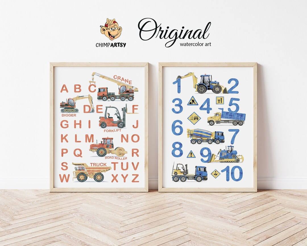 Alphabet and Numbers Poster Construction Trucks Educational - Etsy