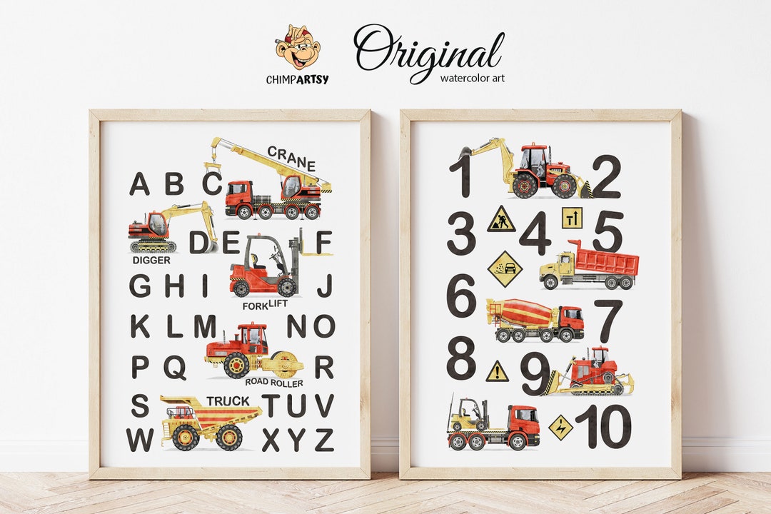 Alphabet and Numbers Poster Construction Trucks Educational - Etsy