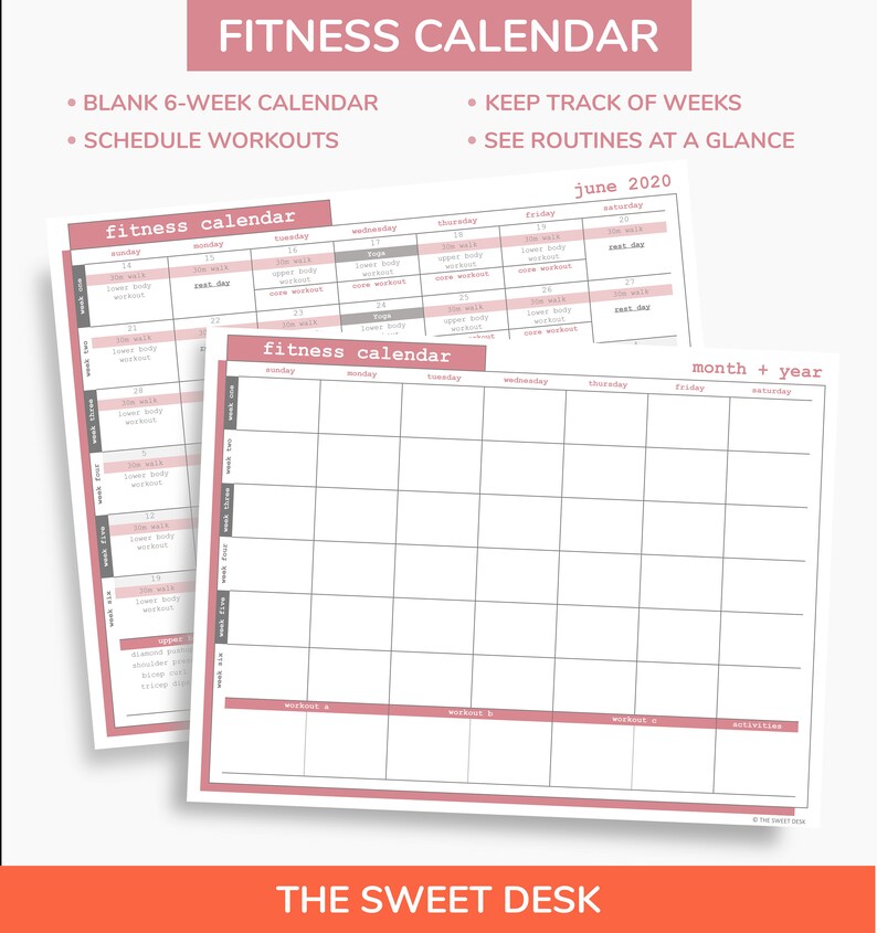 Fitness Calendar and Planner Bundle Excel Template Exercise Journal ...