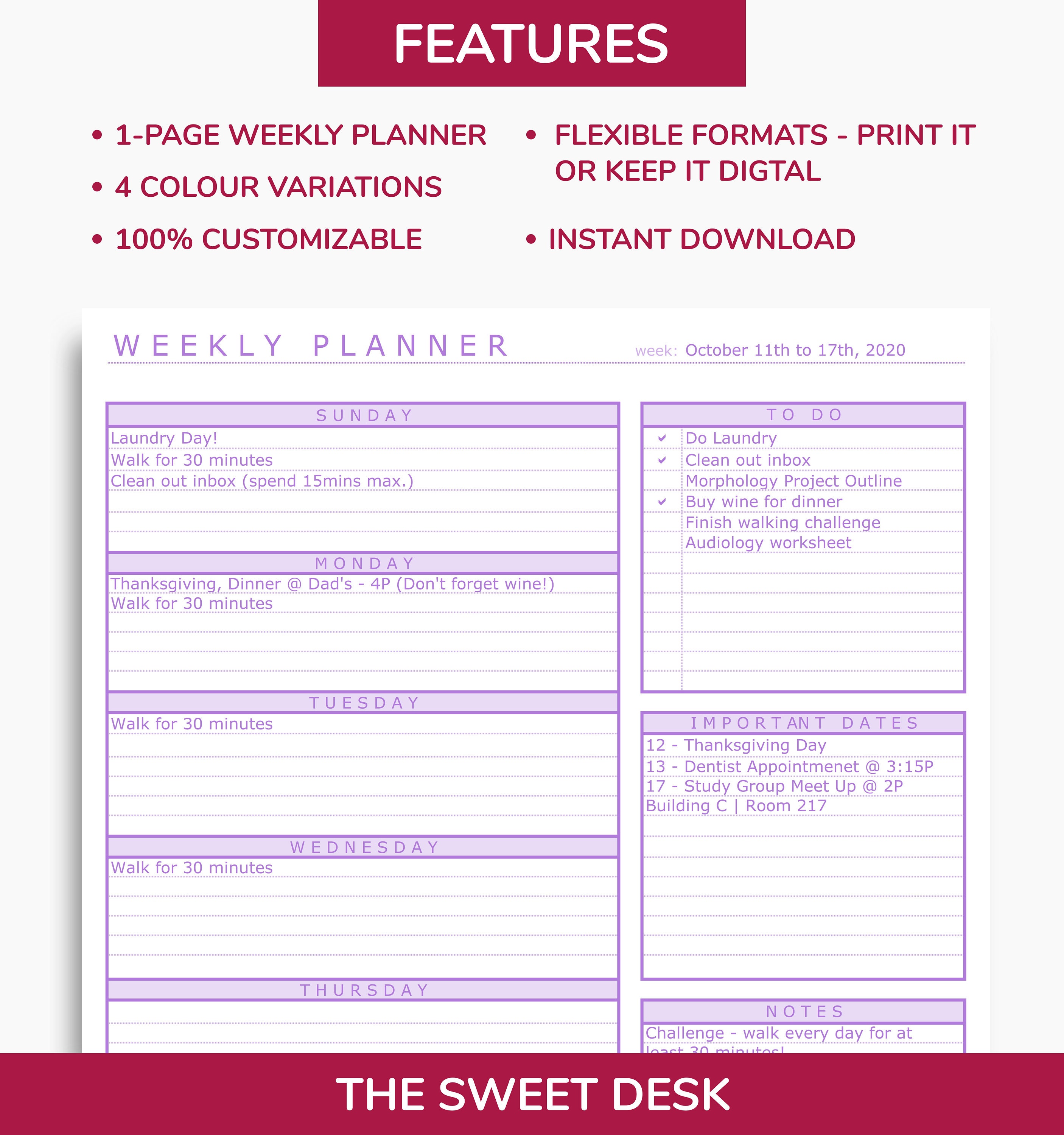 EDITABLE Weekly Planner, Printable Excel Weekly Planner Template ...