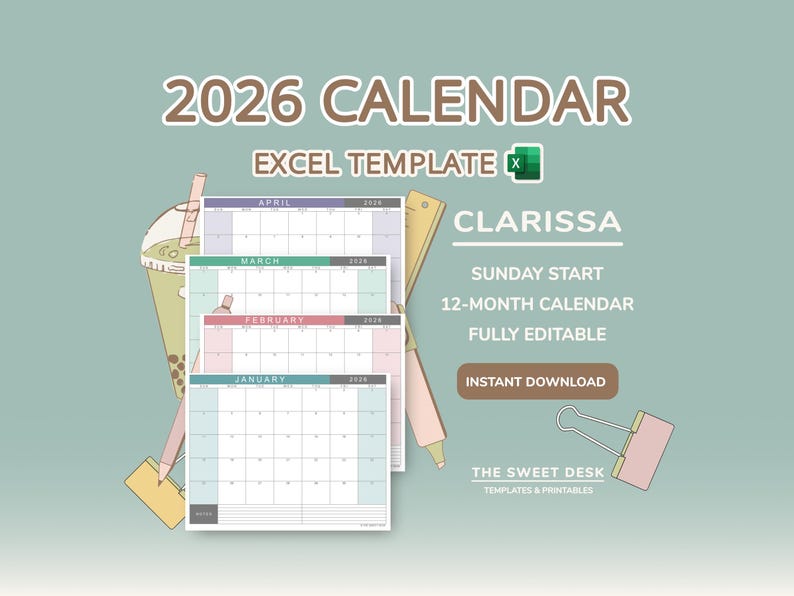 2026 Excel Calendar Template | Monthly Calendar Template | Customizable ...