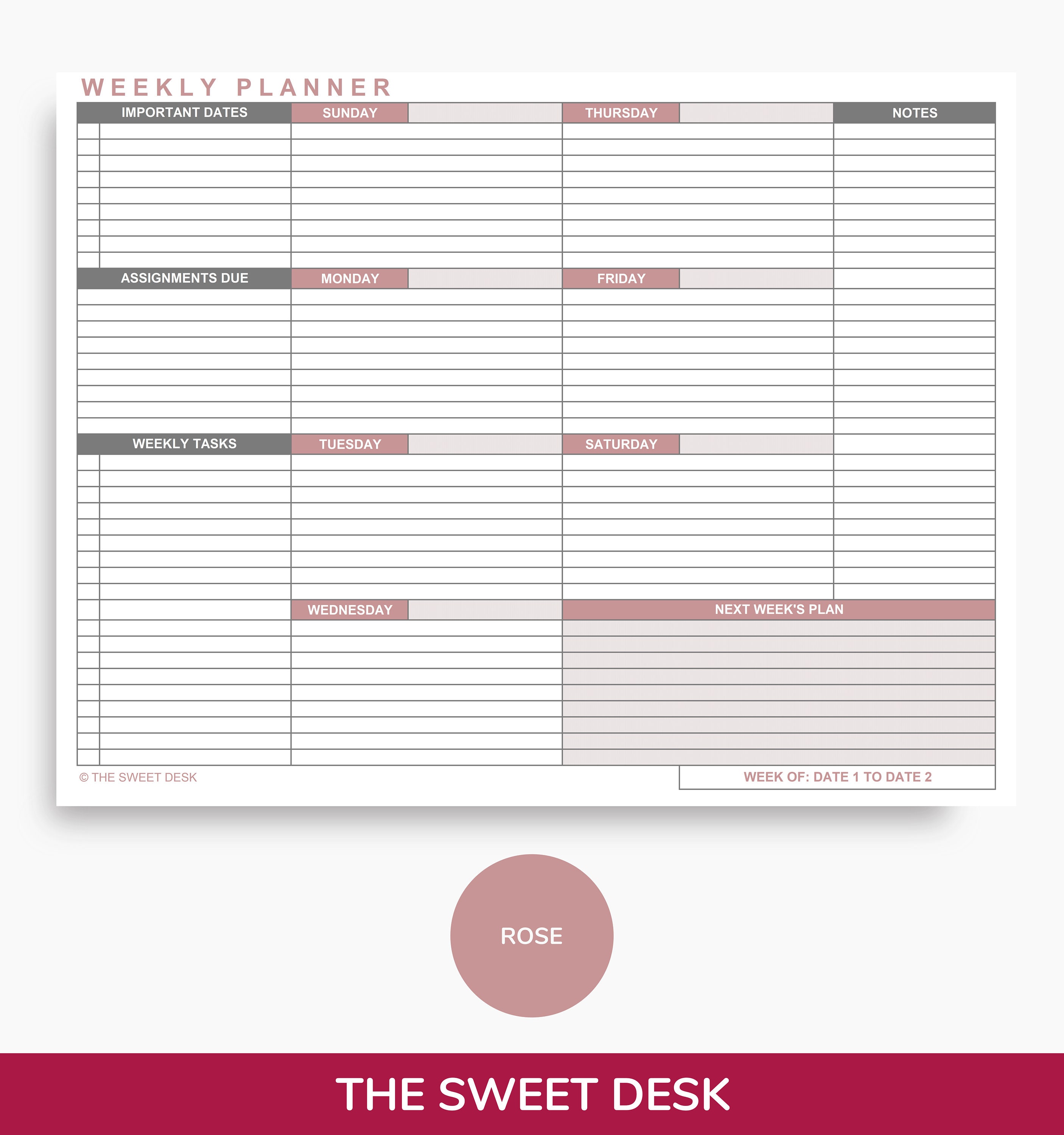 Editable Weekly Planner | Excel Template | Printable Weekly Calendar ...