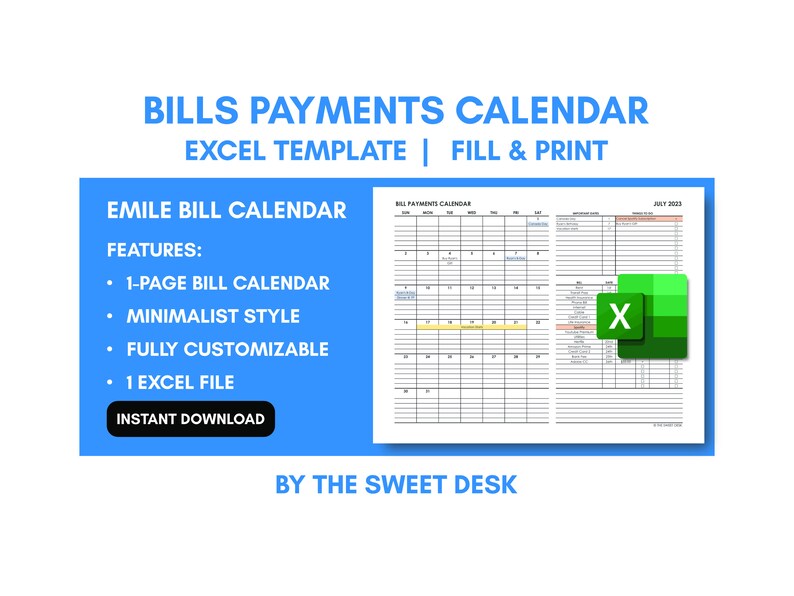EDITABLE Excel Bill Payments Calendar | Excel Template | Bill Payment ...