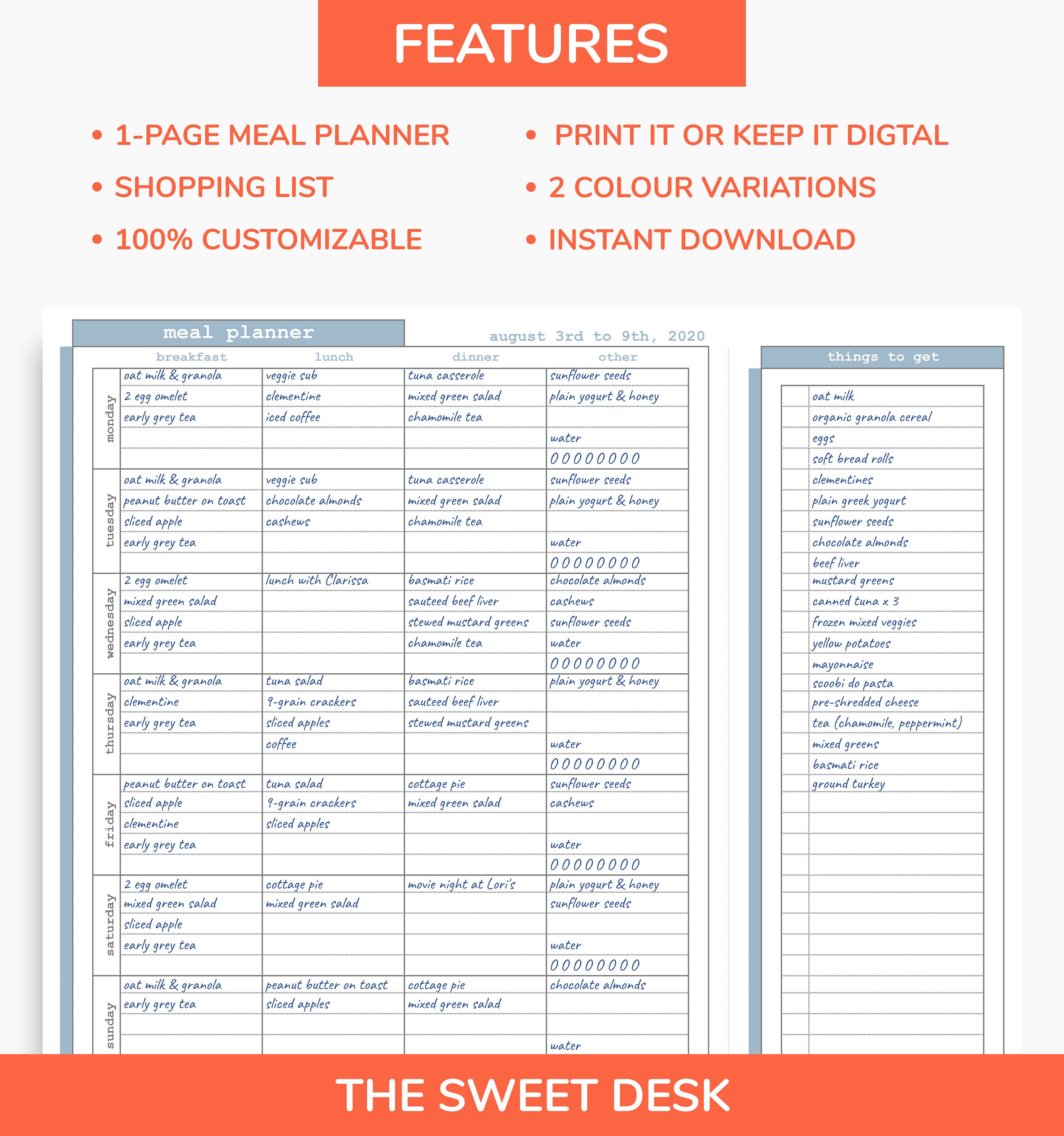 PRINTABLE Meal Planner Template | Excel Template | EDITABLE Weekly Meal ...