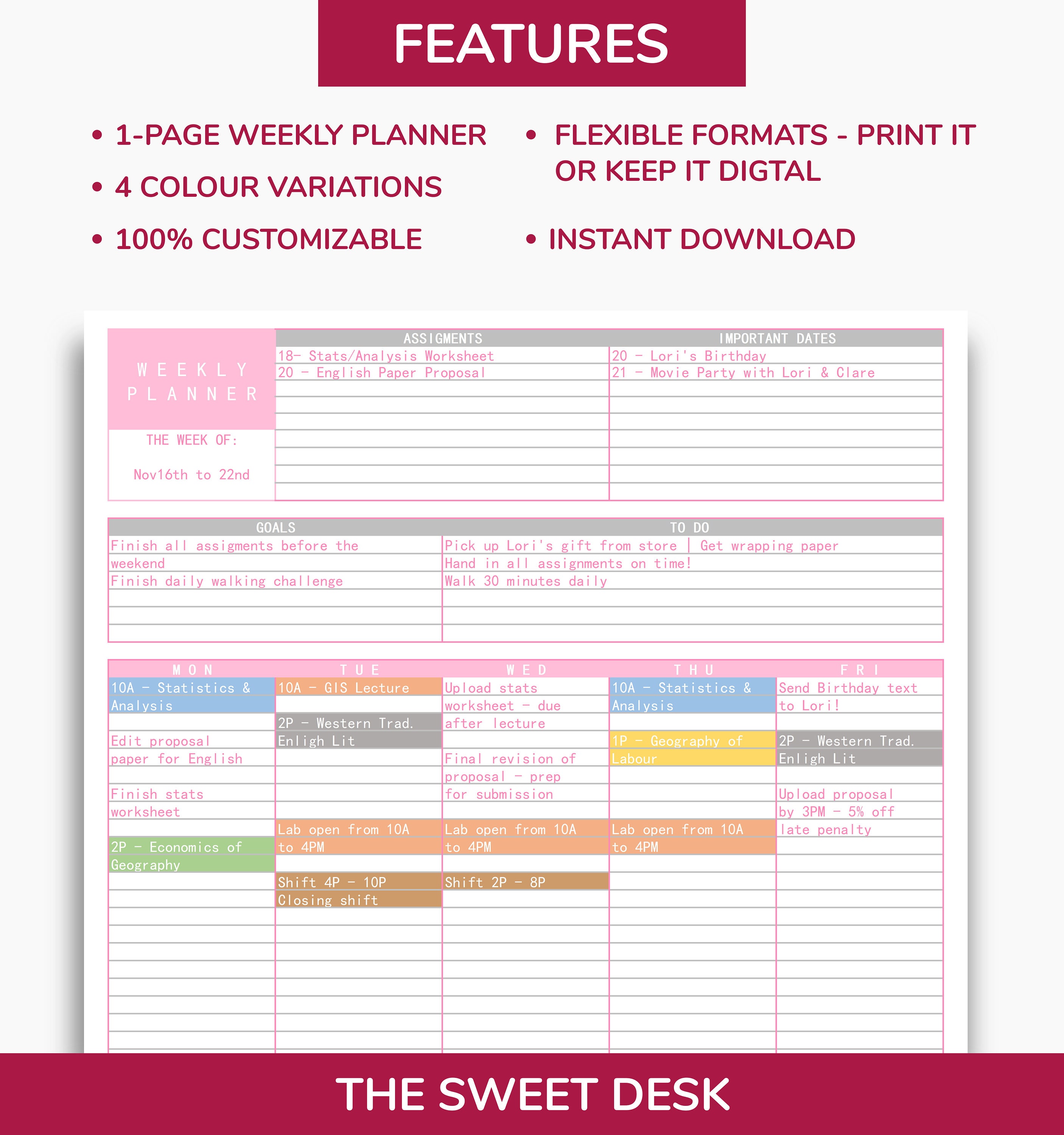 PRINTABLE Excel Weekly Planner Template, EDITABLE One-page Weekly ...