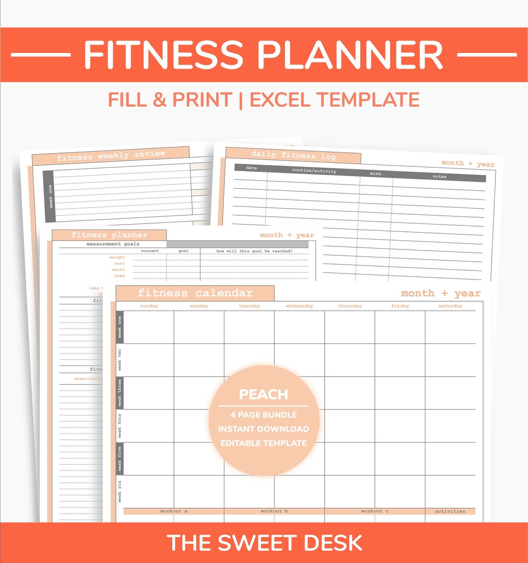 PRINTABLE Excel Fitness Calendar, Fitness Planner, Weekly Journal ...