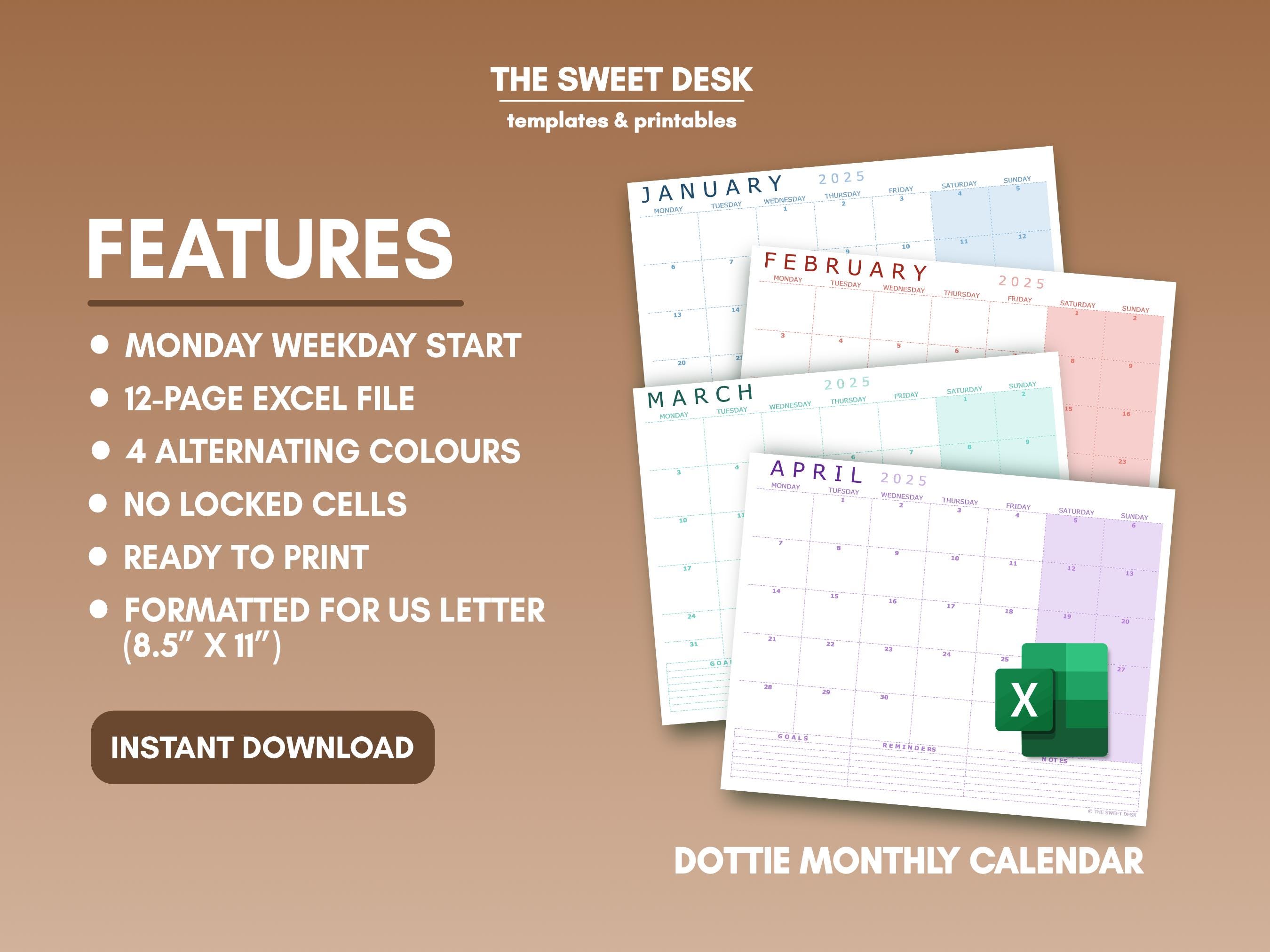 2025 Calendar Monday Start Printable, Excel Calendar Template, Editable ...