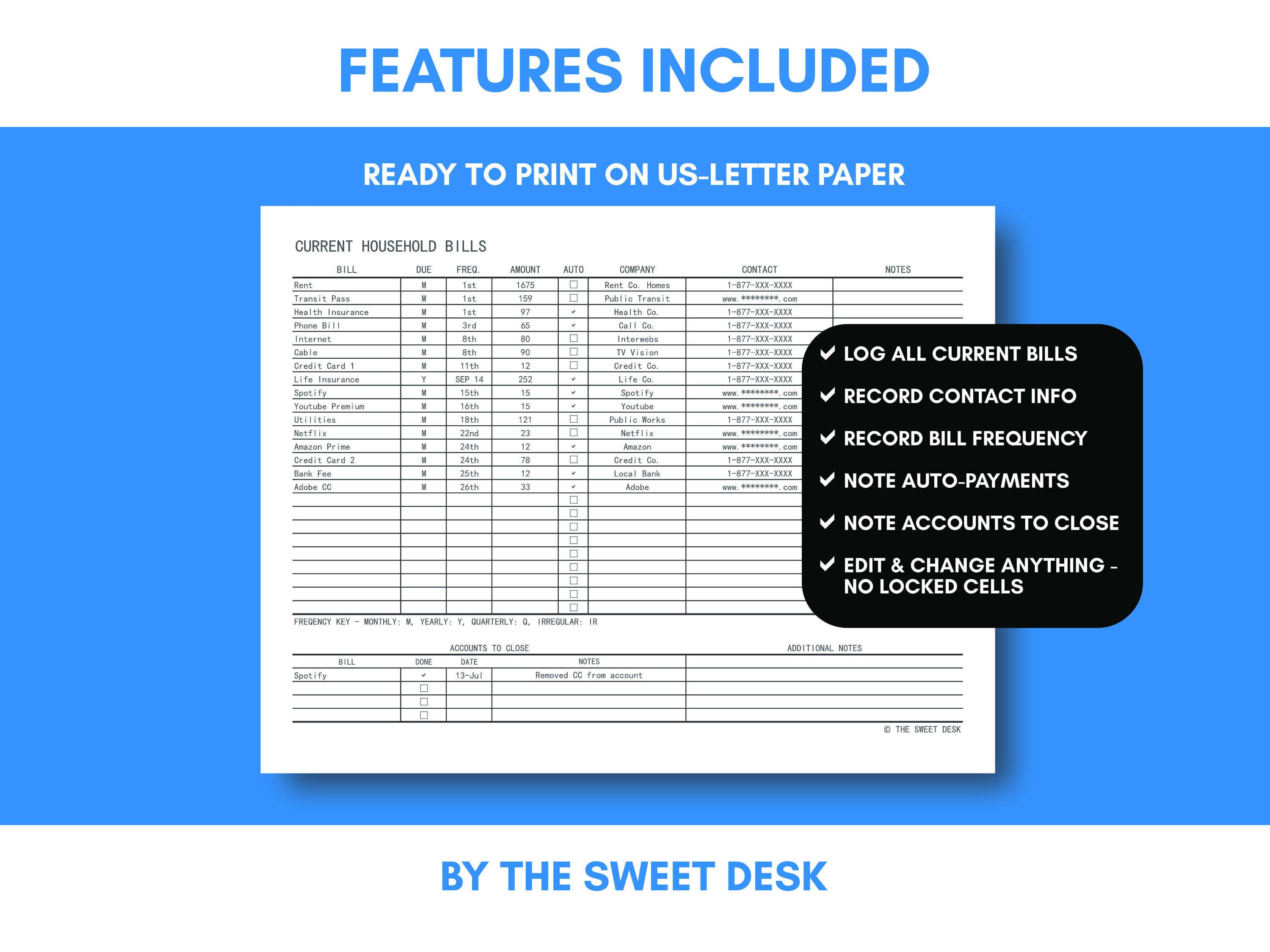 EDITABLE Bills List | Bills Log | Bill Tracker | Bill Contact List ...